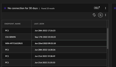 LIVEcommunity - [Cortex XDR/XSIAM]XQLを使用して直近30日間アクセスのない端末を検索する - LIVEcommunity - 523926